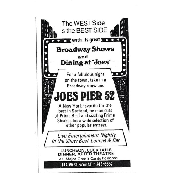 Art | Vintage Broadway Shows Dining At Joes Pier 52 197s Print Ad ...